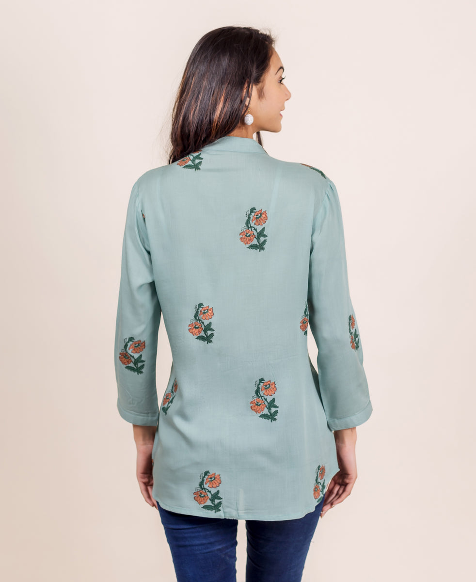 Turquoise Blue Hand Block Printed Pin Tuck Top – MISSPRINT