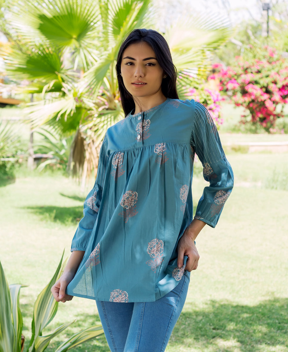 Stone Blue Printed Top with Statement Sleeves – MISSPRINT